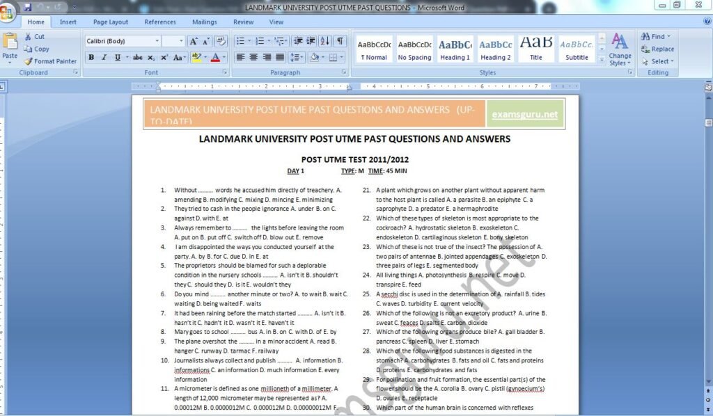 Landmark University Post UTME Past Questions and Answers | Free PDF
